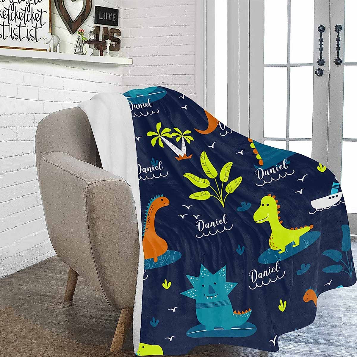 Custom Name Blanket for Baby Boys Personalized Dinosaur Blanket Dark Blue Throw Blanket for Kids Boys Adults 50"x60"Inch