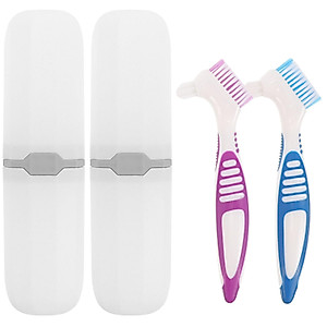 JECOMPRIS Denture Toothbrush 2 Sets Denture Dual Bristle Heads Toothbrushes with Cover Case Ergonomic Handle Toothbrushes for Denture Deep Cleaning Care Double Sided Toothbrush