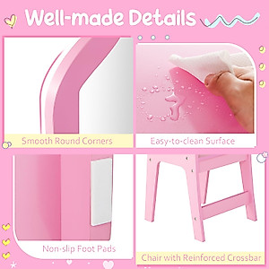 Costzon Kids Vanity, 2 in 1 Princess Makeup Desk & Chair Set with Tri-Folding Mirror, 4 Storage Bins, Wooden Toddler Vanity Dressing Table, Pretend Play Vanity Set for Little Girls (Pink)