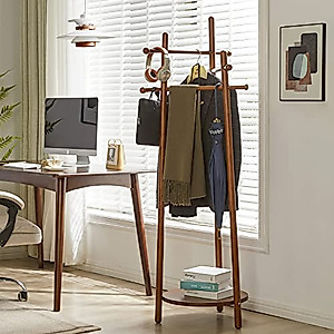 Aibiju Heavy Duty Coat Rack Freestanding,Wooden Coat Hanger Stand with Storage Shelf and 3 Crossbar, Coat Tree Easy to Assemble for Home Office Suits Jacket Hat Umbrellas Brown YD-1440