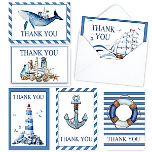 AnyDesign Cruise Staff Thank You Cards Set with Stickers Envelopes 24 Pack Blue Nautical Thank You Note Cards for Express Thanks to Ship Staff Birthday Baby Shower Party, 4 x 6 Inch