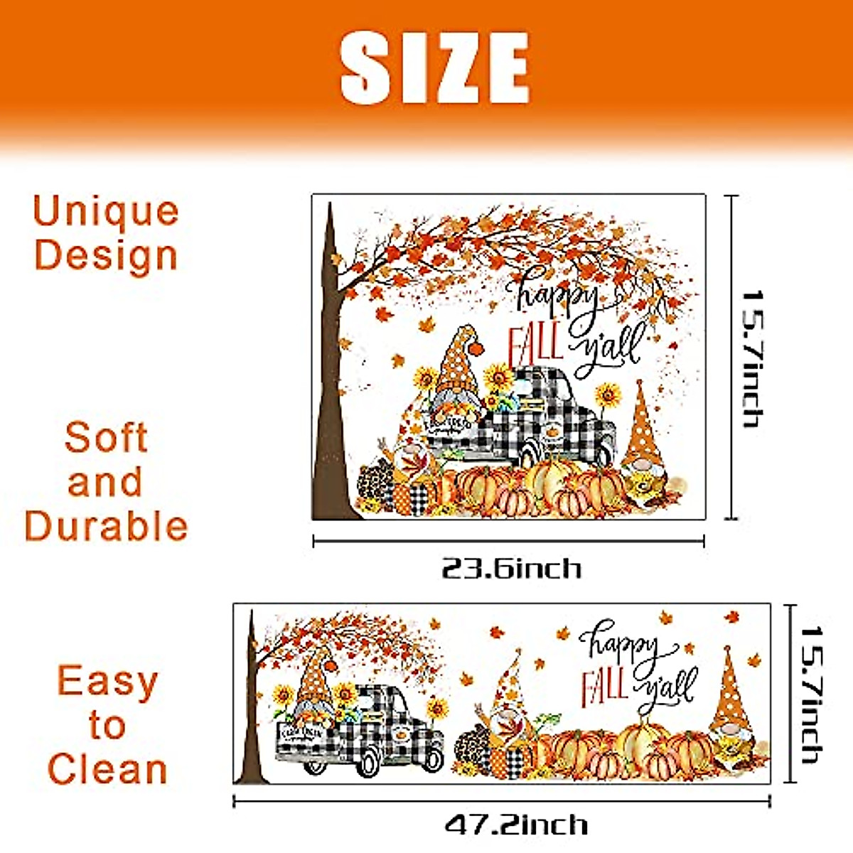 delaimastor Fall Gnome Pumpkin Decorative Kitchen Mats Set of 2, Fall Halloween Thanksgiving Rustic Yard Low-Profile Floor Mat for Kitchen, Gnome Plaid Maple Leaves Seasonal Decorative Floor Mat