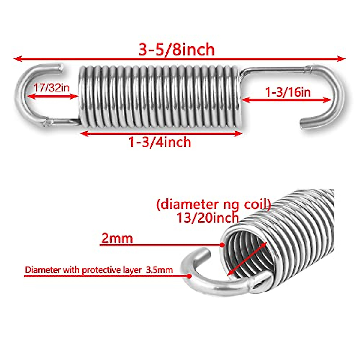GNPADR 3-5/8" (2 Pieces) Stainless Steel Replacement Recliner Sofa Mechanism Tension Spring - Long Neck Hook