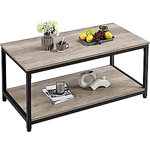 Yaheetech 2-Tier Industrial Wood Coffee Table, Cocktail Table Center Table with Open Storage Shelf for Living Room, Vintage Accent Furniture Table with Metal Frame, Easy Assembly, Gray