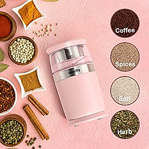 Mecity Electric Coffee Blade Grinder 6 Blades Stainless Steel Removable Bowl Fast Grinding, Gift for her, Coarse Fine Ground Coffee, Espresso Grinder, 200W, Pink
