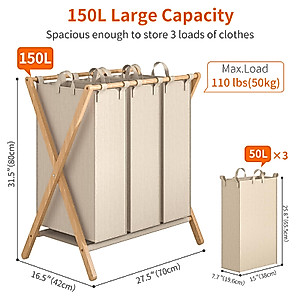 laundry hamper 3 section, Dirty Clothes Hamper with removable bags, Bamboo Laundry Basket,150L Large Laundry Sorter Organization, Foldable X-Frame Laundry Bin for Bedroom, Laundry Room, Bathroom