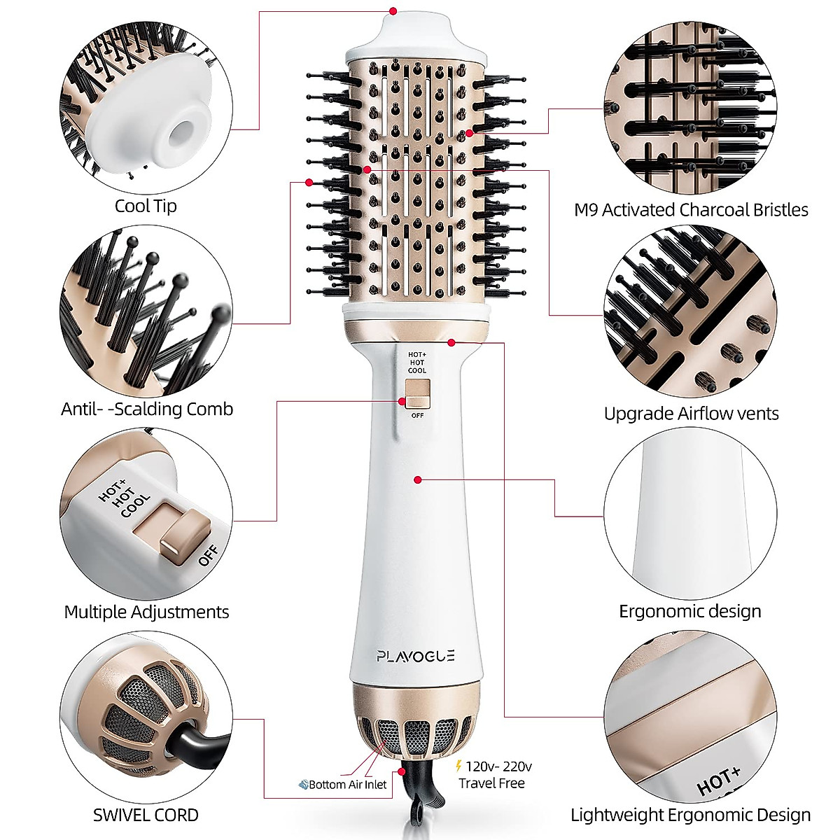 PLAVOGUE Blow Dryer Brush,Hair Dryer Brush Professional Styler Volumizer, Hot Air Brush for Women - Negative Ion Anti-Frizz Oval Brush for Straightening and Curling - Salon (White Gold)
