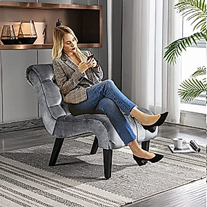 Velvet Accent Lounge Chair for Living Room, Modern Leisure Chair with Tufted Backrest, Indoor Armless Side Chair, Upholstered Bedroom Sleeper Chair with Solid Wood Legs, Grey