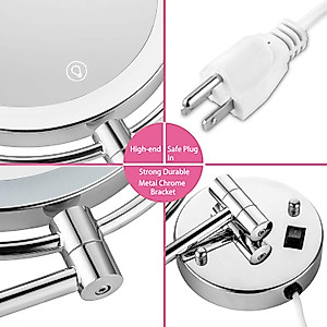 AMZNEVO Wall Mounted Lighted Makeup Mirror, 8 Inch Double-Sided 1X 5X Magnifying Mirror for Bathroom, 11'' Extendable Arm, 360° Swivel, Touch DimmableLED Lights, Powered by Plug in, Chrome