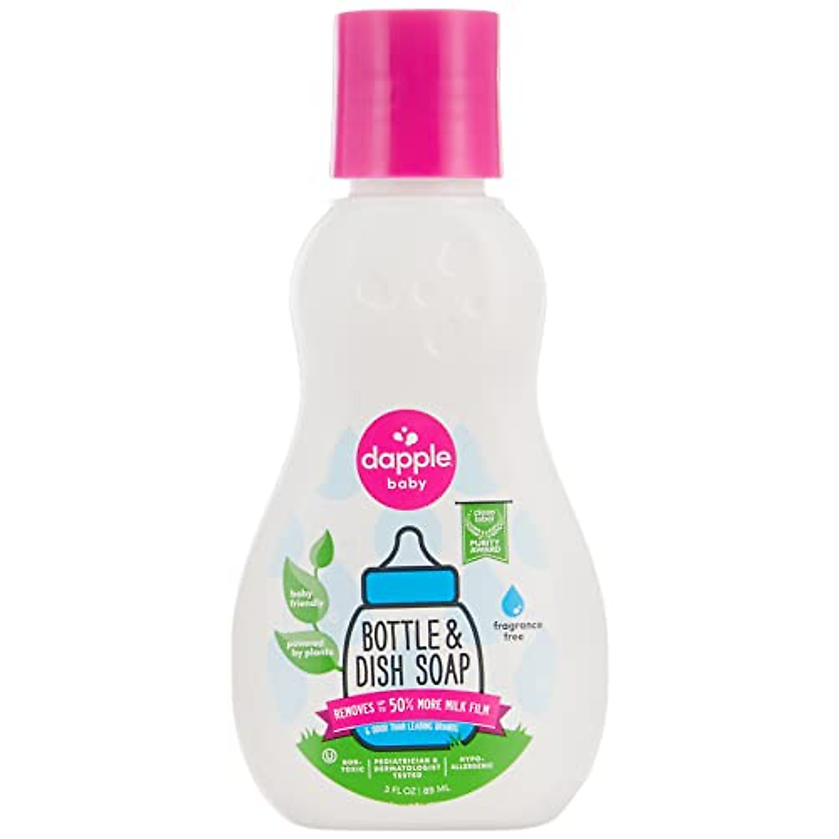 Dish Bundle by Dapple Baby Includes Baby Bottle & Dish Liquid by Dapple Baby Travel Size 3 Fl Oz, and 16.9 Fl Oz Bottle, 2 ct., Fragrance-Free - Plant-Based - Hypoallergenic