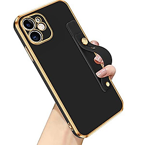 BENTOBEN Compatible with iPhone 12 Case, Slim Luxury Electroplated Bumper Women Men Girl Protective Soft Case Cover with Strap for iPhone 12 6.1 inch,Black/Gold