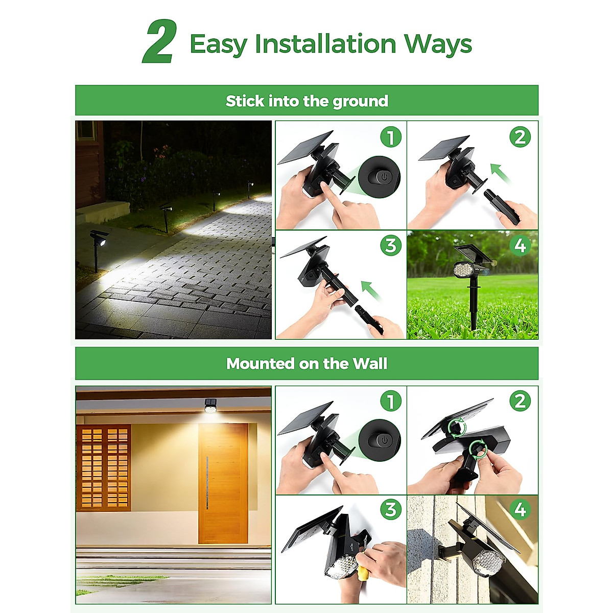 Airmee Solar Outdoor Lights 4 Pack, 30 LED Cold + Warm White Adjustable Spot Lights IP67 Waterproof, 10 Lighting Modes Spotlights Auto On/Off, 2 in 1 Solar Landscape for Yard Garden Driveway Walkway