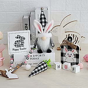 Easter Decorations, 8pcs Spring Easter Bunny Gnome Tiered Tray Decor, Buffalo Plaid Easter Gnome Plush, Black Check Carrot , 3D Easter Wood Signs, Bead Garland, Easter Farmhouse Kitchen Table Decor