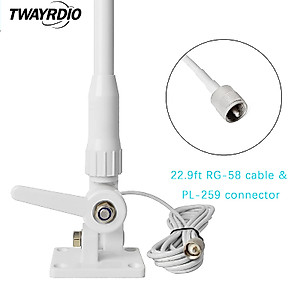 TWAYRDIO 43-Inch VHF Marine Antenna, Heavy Duty White Fiberglass Boat Antenna 3dBi Gain W/22.9ft Low Loss RG58 Coaxial Cable Built-in PL259 Connector and Nylon Ratchet Mount for Midland Uniden Radios