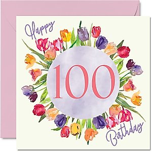 Stuff4 Beautiful 100th Birthday Cards for Women - Floral Watercolour Tulips Bouquet, 5.7 x 5.7 Inch, Blank Inside, Envelope Included, Forest Stewardship Council Certified