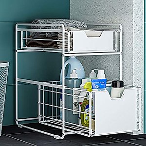 Under Sink Cabinet Organizer 2 Tier Sliding Cabinet Basket with Storage Drawer,Desktop Organizer for Kitchen Countertop Pantry Bathroom,White