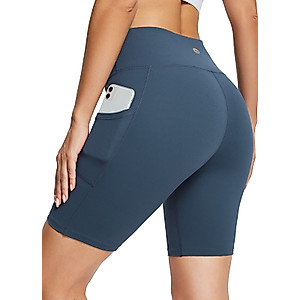 BALEAF Biker Shorts Women Yoga Gym Workout Spandex Running Volleyball Tummy Control Compression Shorts with Pockets Soft 8" Blue XL