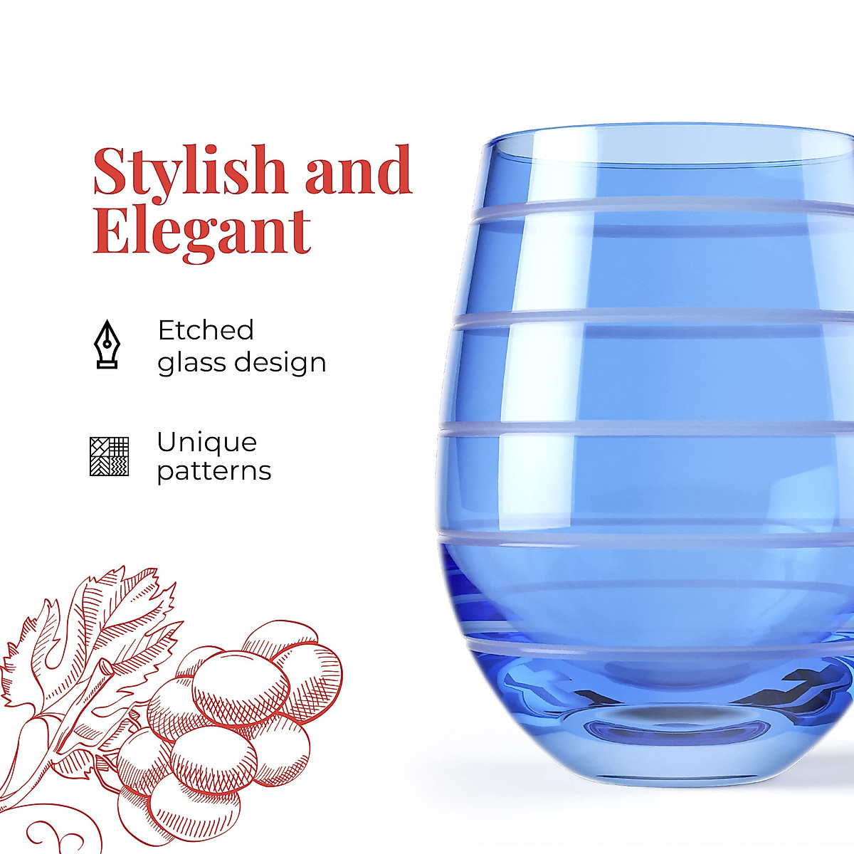 American Atelier Medallion Stemless Wine Glass Set of 6, 17 oz, Etched Patterns, Textured Glass Cups, Glasses for Red or White Wine, Stemless Goblets, Fifth Avenue Crystal, Blue