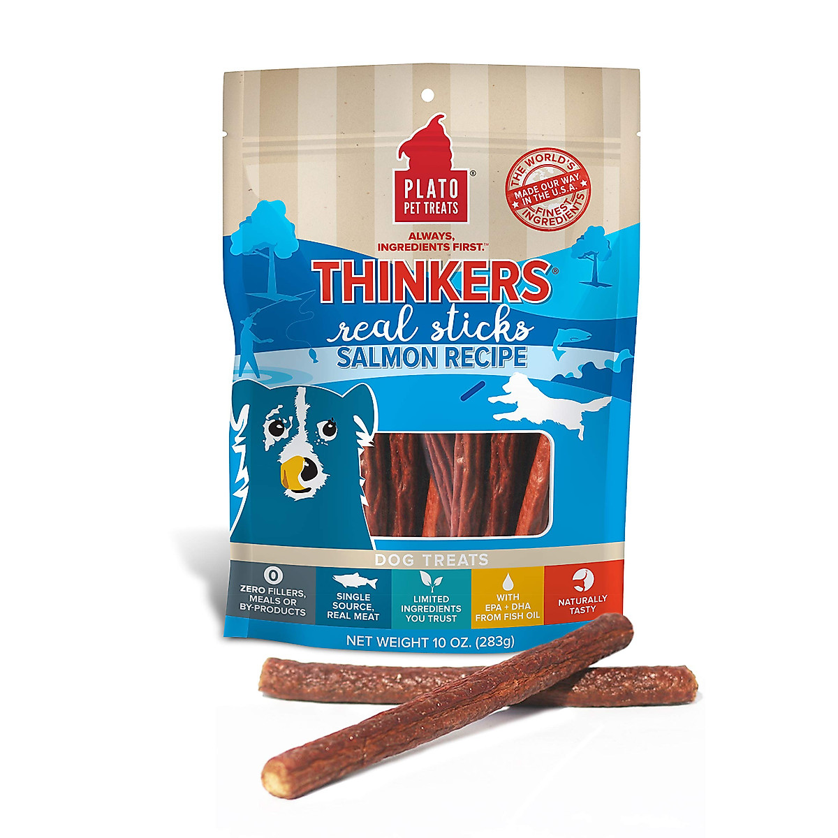 Plato Pet Treats Air Dried Dog Treats Salmon Thinkers Sticks, Natural Dog Treats, Real Meat, Air Dried, Made in the USA, 10oz