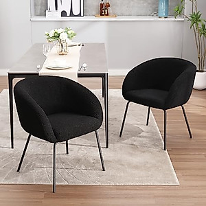ONEVOG Upholstered Modern Sherpa Chairs for Makeup Vanity Desk, Black Boucle Dining Chairs wtih Arms, Curved Back, Metal Legs, Cozy Kichen & Dining & Living Room Cushioned Seats Set of 2