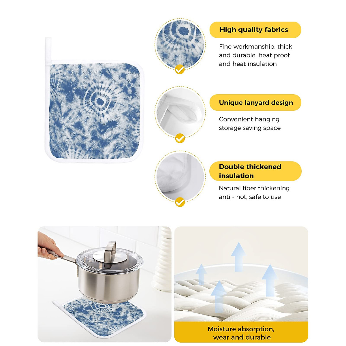 Pot Holders for Kitchen Spiral Tie Dye Pattern Heat Resistant Potholders Blue Color Dyed Batik Ethnic Style Hot Pads Non Slip Kitchen Pot Holders Set of 2 for BBQ Cooking Baking Grilling