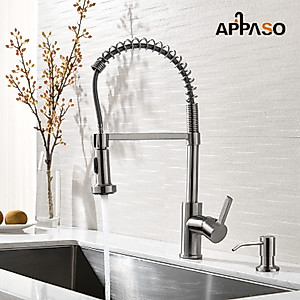 APPASO Commercial Kitchen Faucet with Soap Dispenser, 18'' Tall High Arc Kitchen Sink Faucet, Single Handle Commercial Spring Style Faucet with Pull Down Sprayer for Kitchen Laundry RV, Brushed Nickel