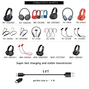 5ft Wireless Earbuds Charger Charging Micro-USB Cable Cord for Sony WH-H900N WH-1000XM2 WH-CH700N WI-1000X/C400/H700, MDR-XB650BT/1000X/ZX770DC/XB950BT Headphones and More Bluetooth Speakers USB Cable