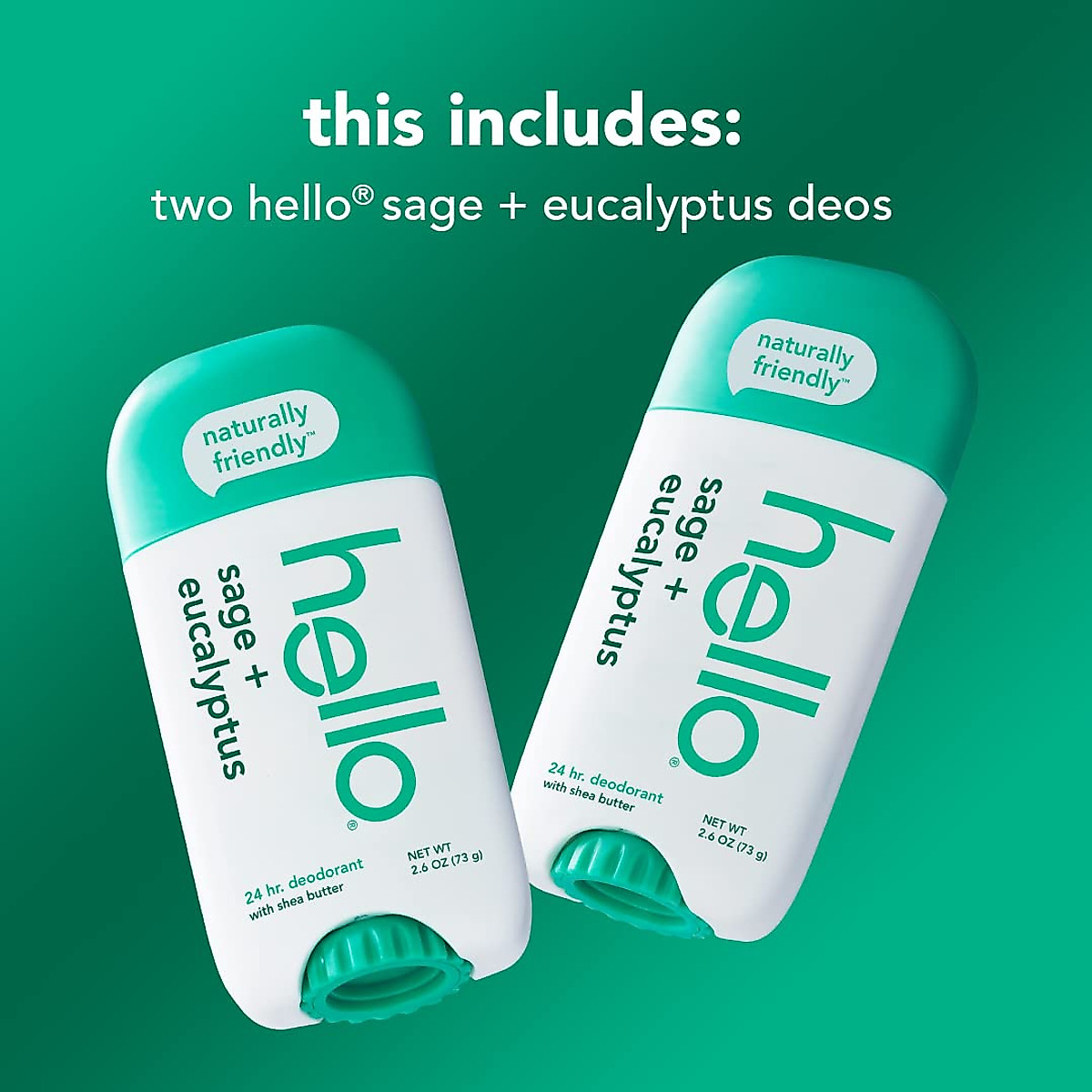 hello White Sage + Eucalyptus Deodorant With Shea Butter for Women + Men, Aluminum Free, Baking Soda Free, Parabens Free, 24 Hour Odor Protection, 2.6 Ounce, 2 Pack