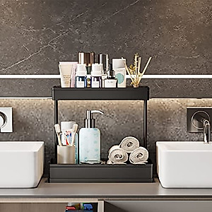 Beriflai Under Sink Organizer 2 Packs, 2 Tier Under Sink Organizers and Storage, Sliding Pull Out Cabinet Basket Organizer for Bathroom Kitchen Pantry, Black