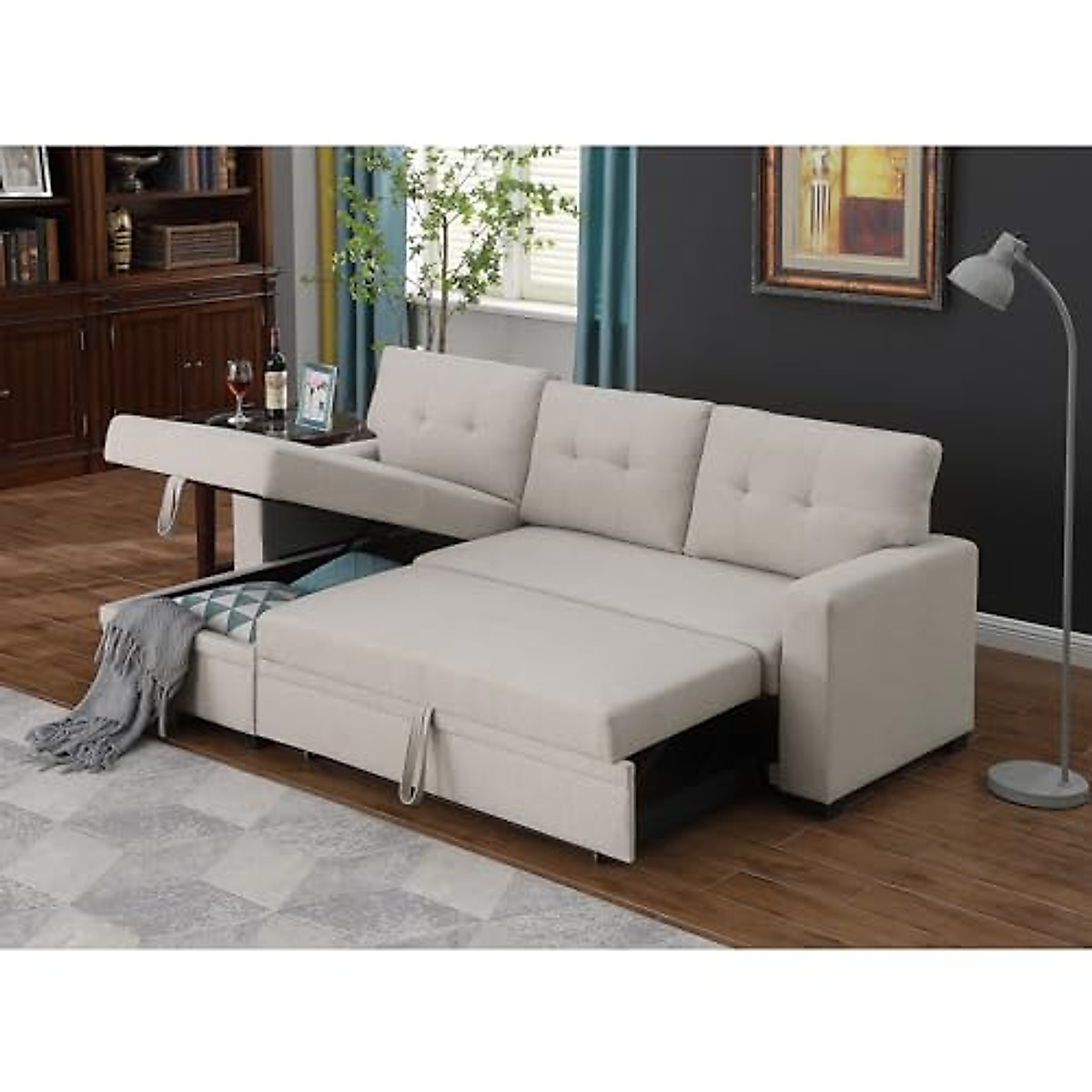 Devion Furniture Contemporary Reversible Sectional Sleeper Sectional Sofa with Storage Chaise in Beige Fabric
