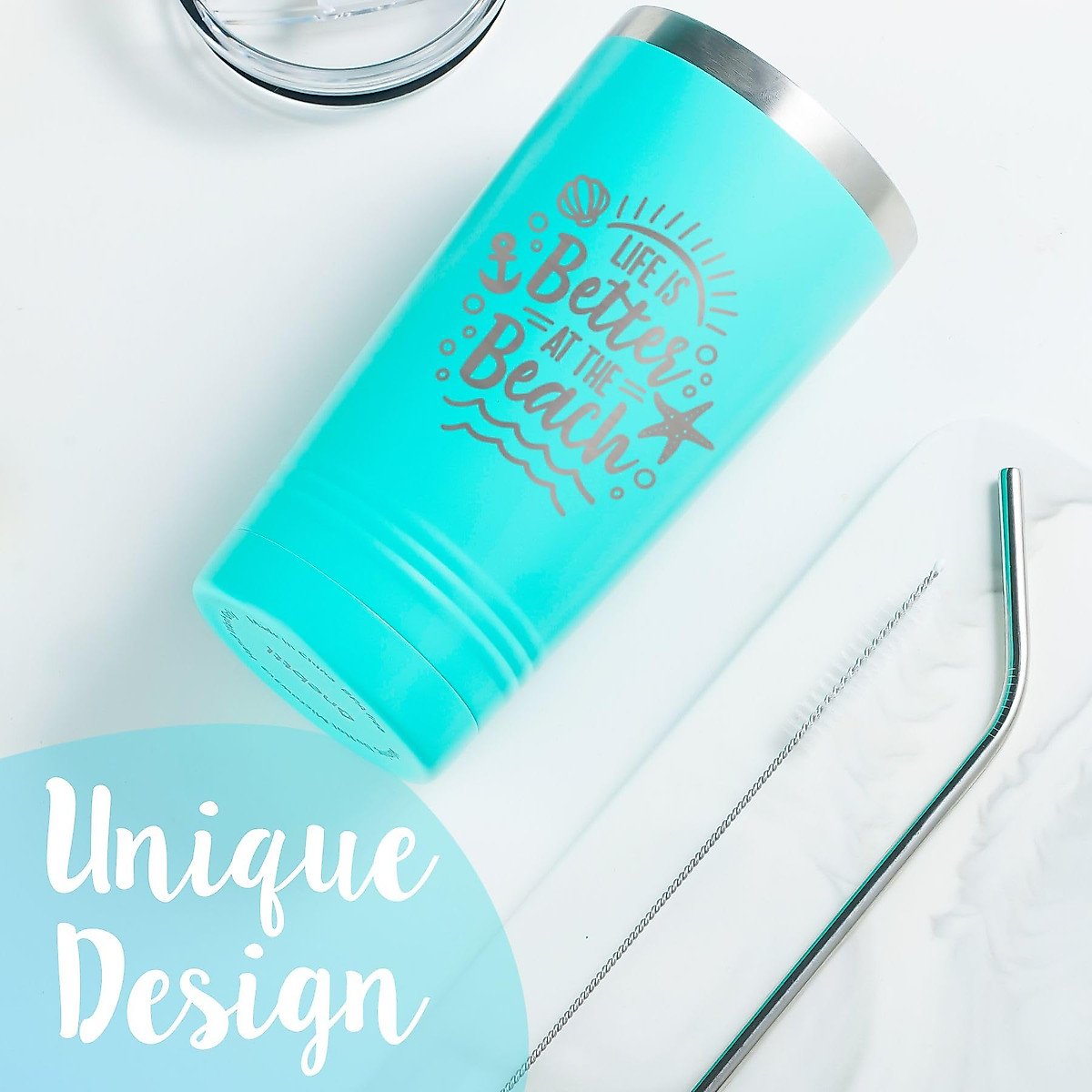 Onebttl Beach Gifts for Women or Men, 20oz Vacuum Insulated Stainless Steel Travel Tumbler with Lid, Beach Themed Gifts, Gifts for Beach Lovers, Blue (Life is Better at the Beach)