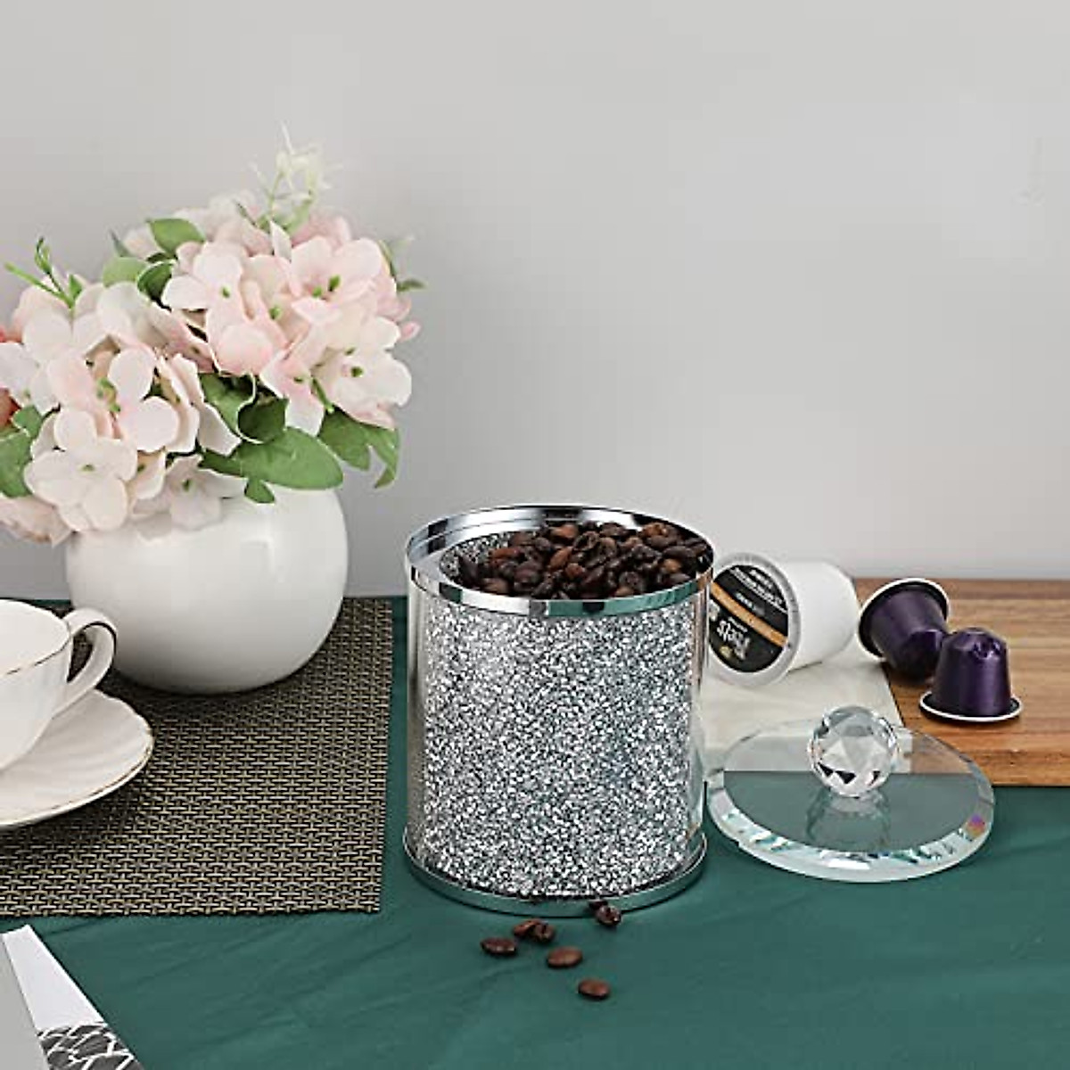 JUXYES Sparkle Glass Crushed Diamonds Canister for Sugar Coffee Tea, Luxurious Diamond Style Storage Containers Sets with Lids Decorative Storage Jar for Kitchen Counter Dining Room