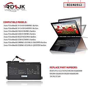 B31N1912 C31N1912 Laptop Battery for Asus VivoBook 14 E410M E410MA L410M L410MA E410KA E510MA E510KA F414MA L510MA R522MA E410MA-EK007TS EK087T E410MA-EK991TS L410MA-BV077TS E510KA-EJ033TS 11.55V 42Wh