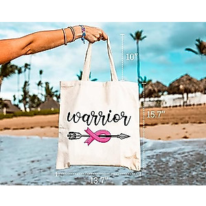 GXVUIS Breast Cancer Warrior Canvas Tote Bag for Women Pink Ribbon Graphic Reusable Grocery Shoulder Shopping Bag Girls Gift White