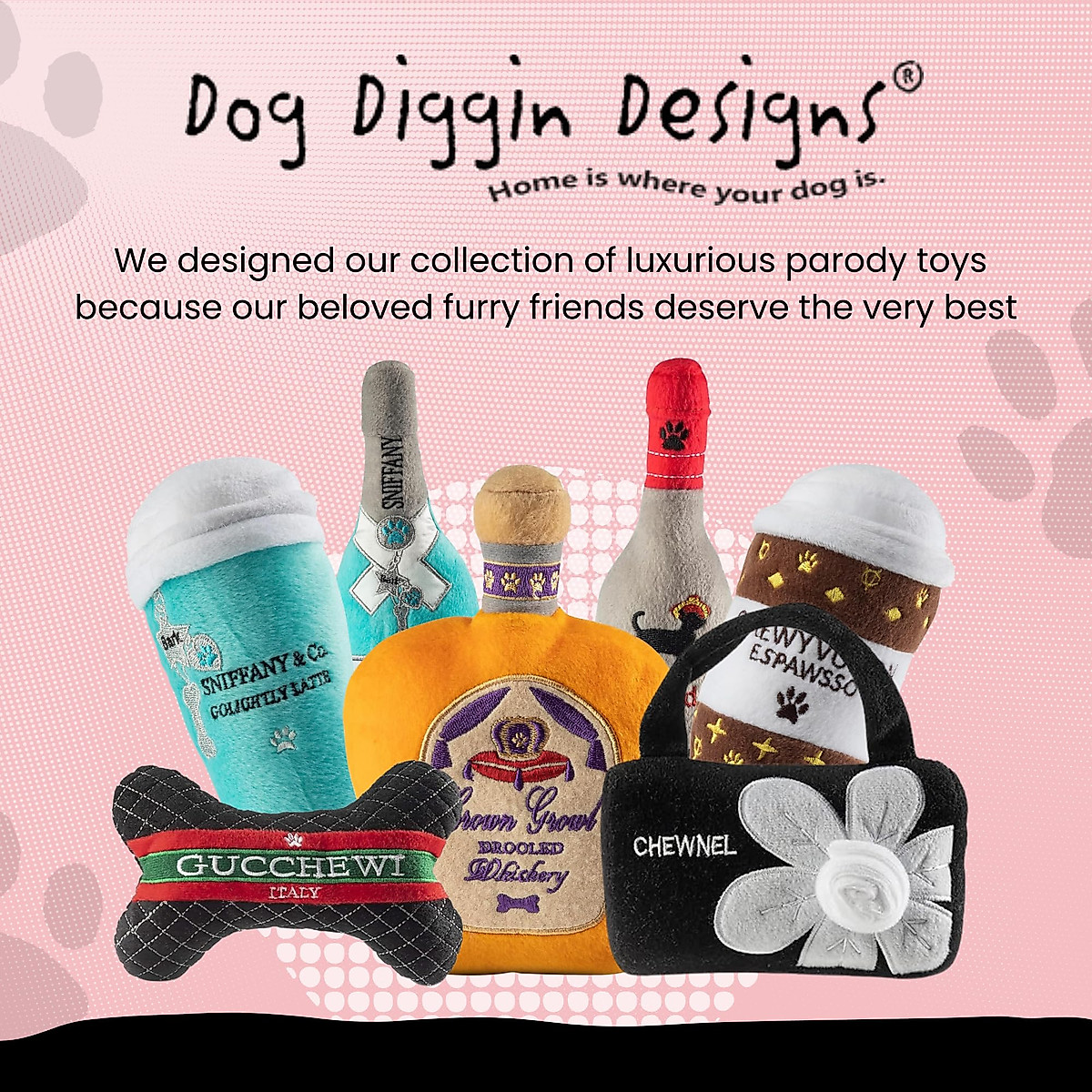 Dog Diggin Designs Runway Pup Collection | Unique Squeaky Plush Dog Toys – Prêt-à-Porter Dog Bones, Balls & More