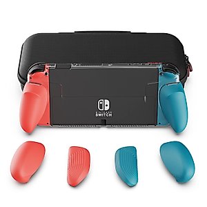 Skull & Co. GripCase OLED Bundle: A Dockable Transparent Protective Case with Replaceable Grips [to fit All Hands Sizes] for Nintendo Switch OLED Model- Neon Blue (L) Neon Red (R)