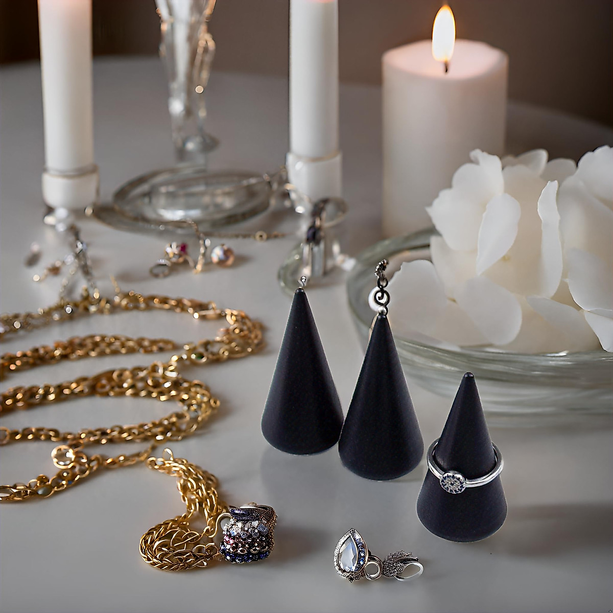 AUEAR, 10 Pack Wood Cone Ring Holder Finger Jewelry Display Stand DIY Craft Wooden (Black, Vertical Shaped)