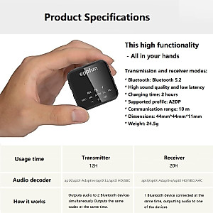 eppfun AK3046C Bluetooth 5.2 Transmitter Receiver, Qualcomm aptX-Adaptive/aptX HD/LL, Dual Connection Wireless Audio Adapter with 3.5 mm AUX for TV, PC, Home Stereo System