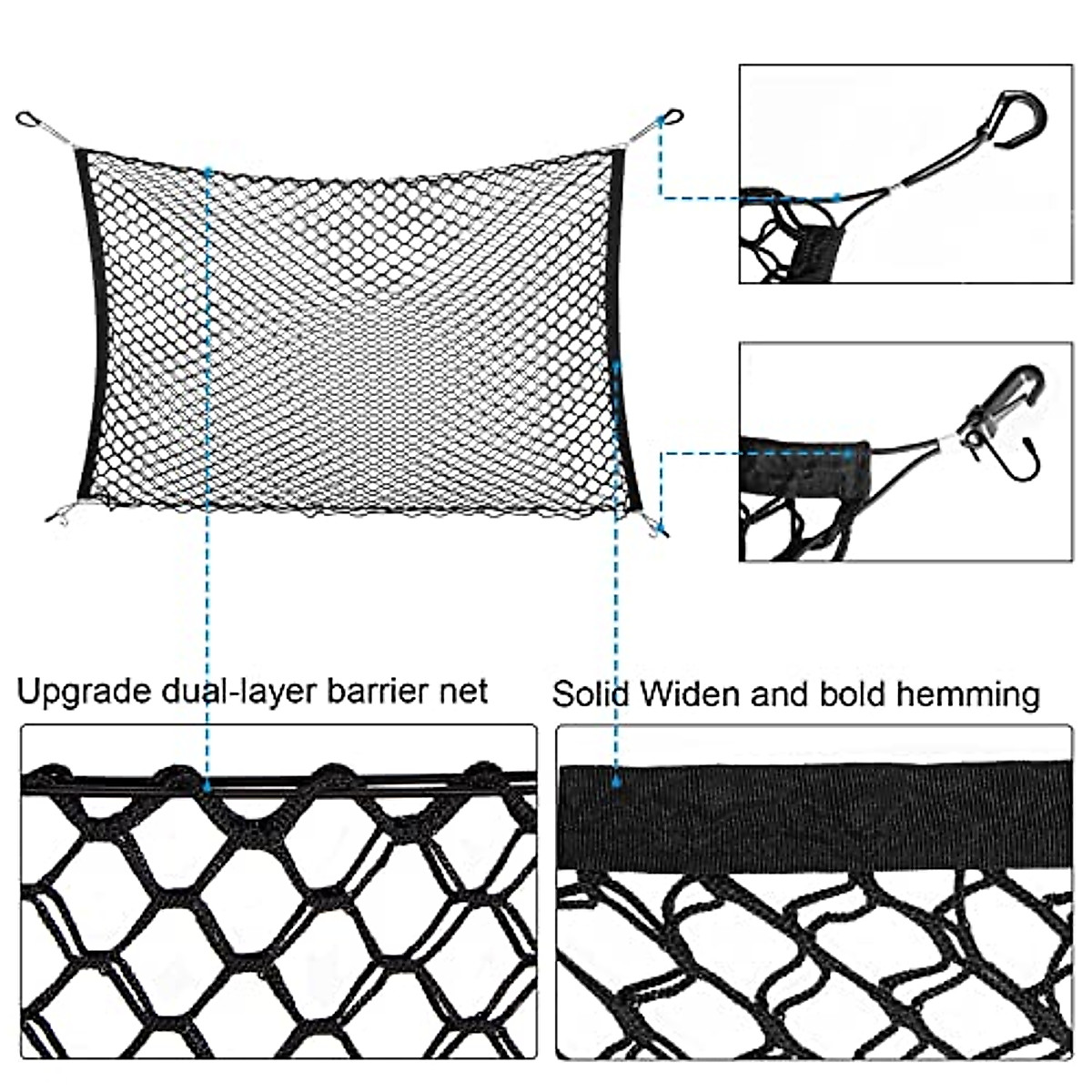 Dog Car Barrier SUV Pet Net + Free Metal Hooks, Dual Layer Pet Travel Safety Barrier Net, Easy to Install and Remove, Adjustable Car Dog Divider for Trucks, SUV, Vans, Car Net Organizer Storage Bag