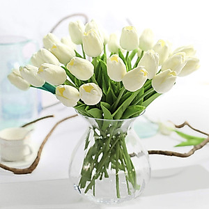 KOILLUXU Artificial Flowers 30pcs Bouquet 14" Tall Real Touch Tulips, White PU Fake Tulips Flowers for Arrangement Wedding Party or Easter Spring Home Centerpiece Dining Room Office Table Decoration