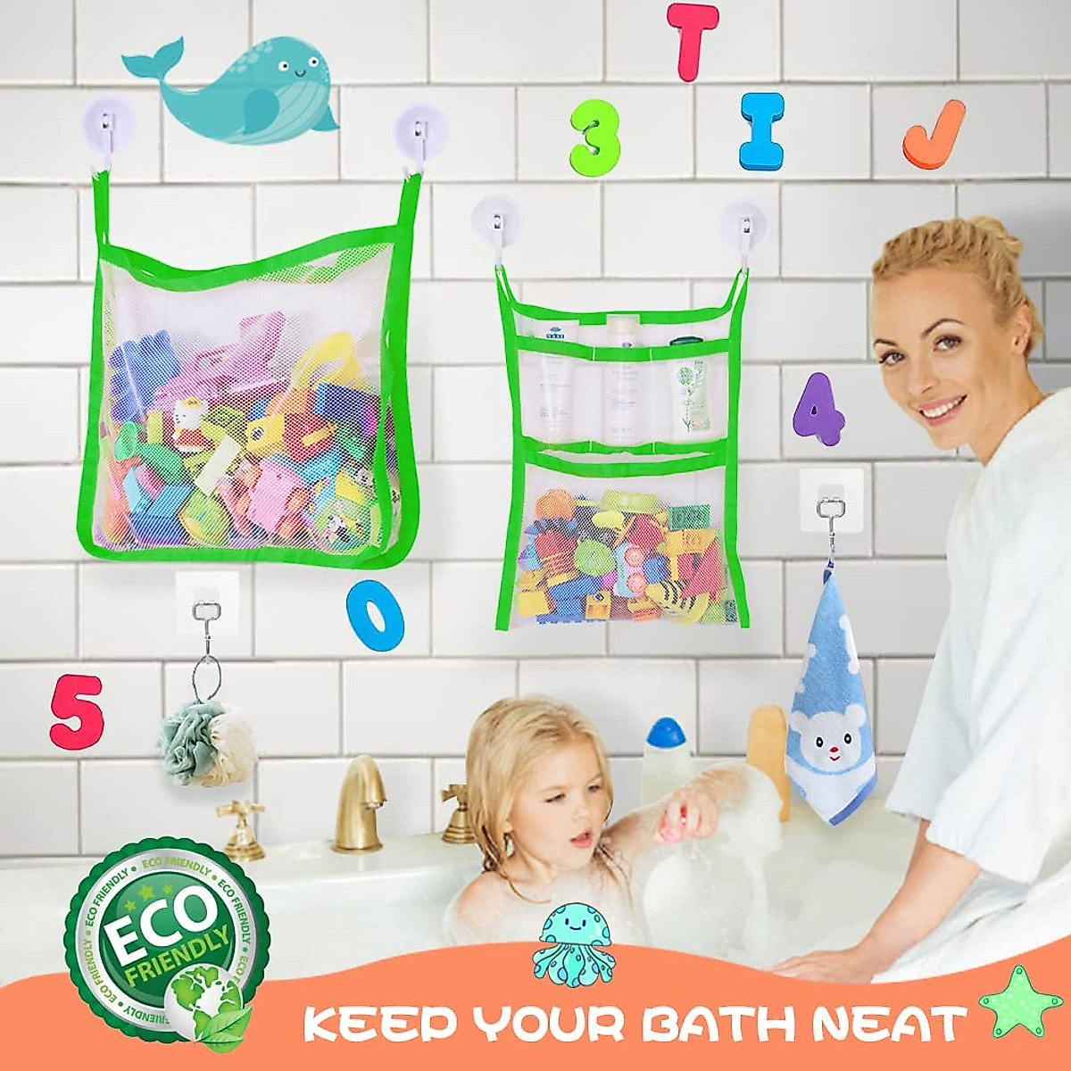Bath Toy Organizer, SUNDOKI Toy Holder Storage Bags 2 Bath Toy Nets with and 8 Hooks for Kids, Toddlers and Adults (Green)