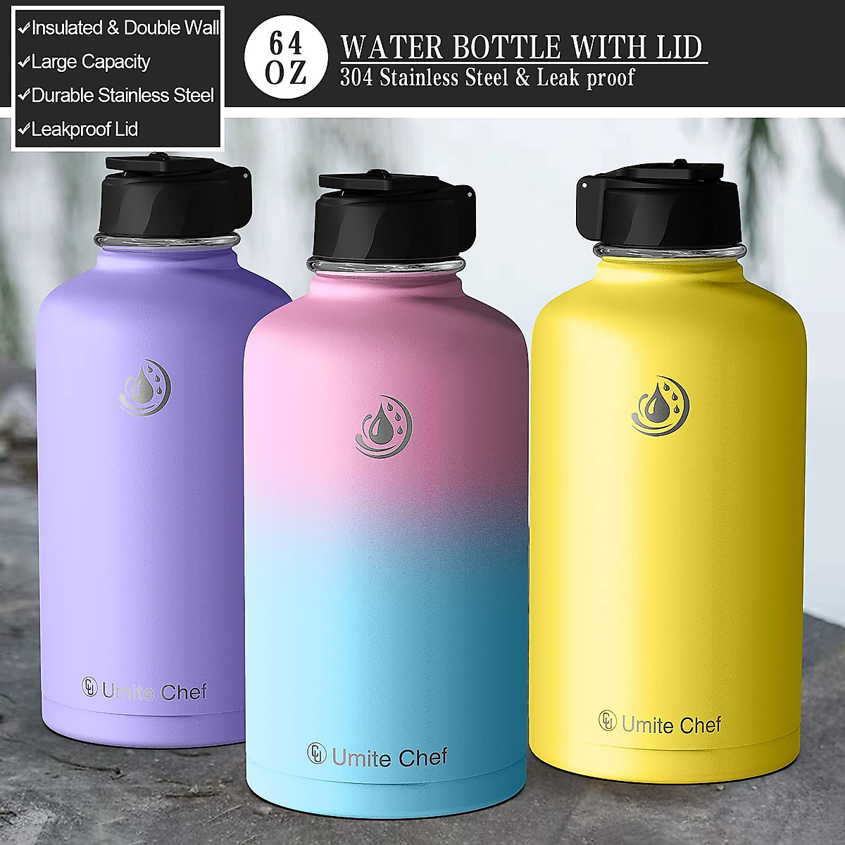 Umite Chef Stainless Steel Water Bottle with Straw, 64 OZ Wide Mouth Vacuum Insulated Sports Water Thermos Bottle with Leak-proof Wide Handle Straw Lid, Double Walled Flask Thermos Mug(Love-hate)