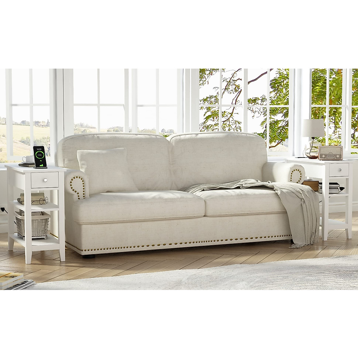 ChooChoo Narrow End Table with Charging Station, Side Table Living Room with USB Ports & Power Outlets and Hidden Drawer, 3-Tier Skinny Nightstand with 2 Open Storage Shelves for Small Place (White)