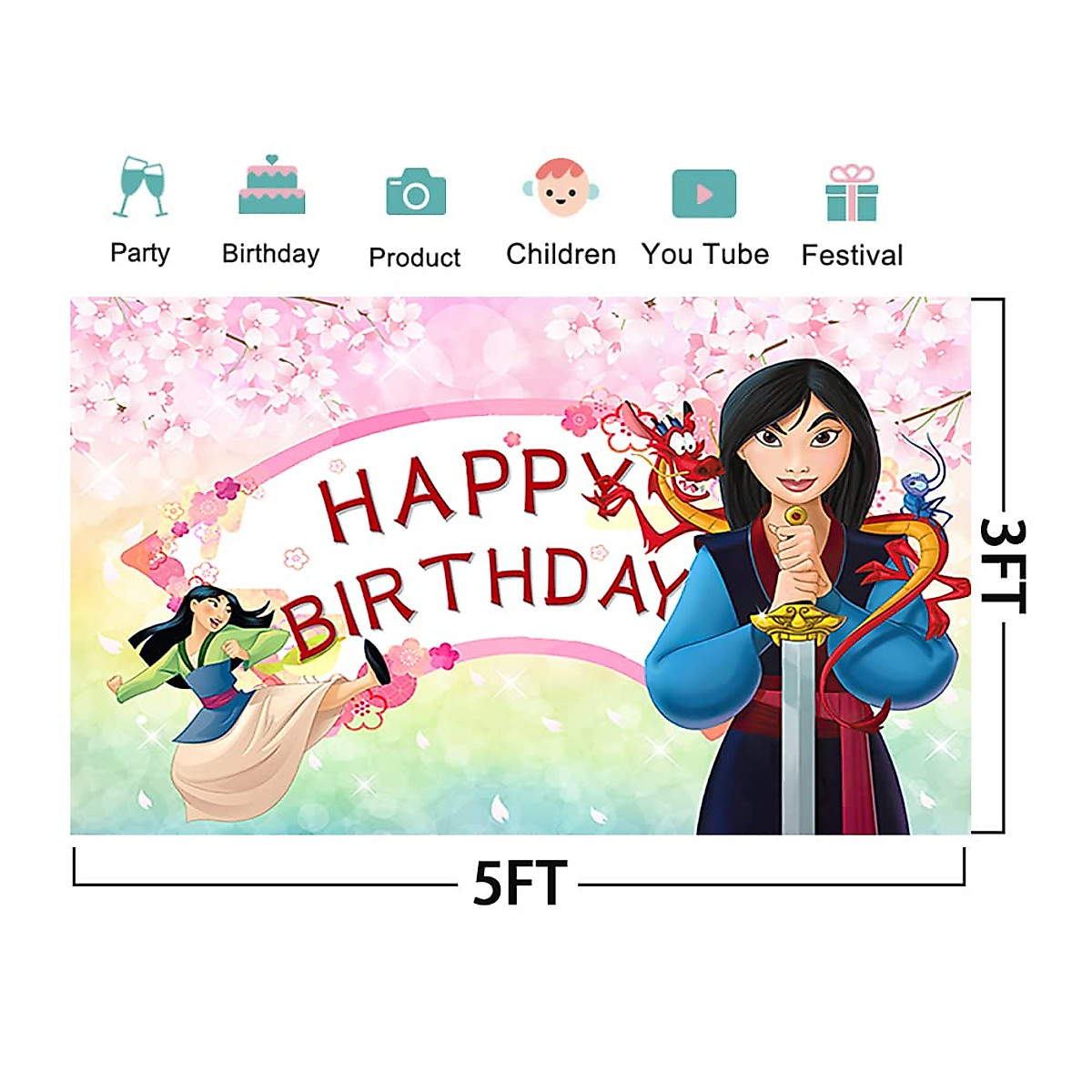 Pink Backdrop for Princess Birthday Party Decorations Mulan Background for Baby Shower Party Cake Table Decorations Supplies Mulan Theme Banner 5x3ft