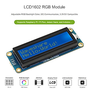 waveshare 1602 LCD Display RGB Module 16x2 Characters 16M Colors RGB Backlight LCD Module, 3.3V/5V Compatible, I2C Bus, for Raspberry Pi/Pi Pico, Jetson Nano Arduino