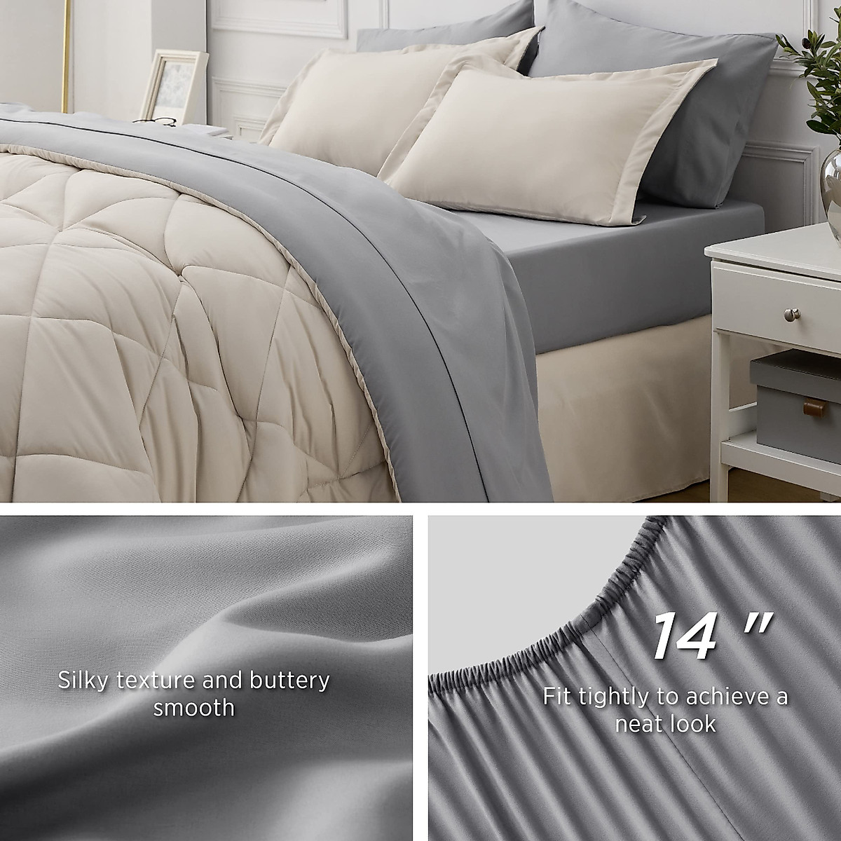 Bedsure Beige Comforter Set - 7 Pieces Reversible Bed in a Bag with Comforters, Sheets, Pillowcases & Shams, Bedding Sets