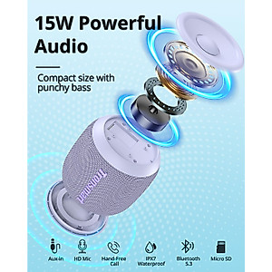 Tronsmart T7 Mini Compact Portable Bluetooth Speaker with Lights, Stereo Sound, Bluetooth 5.3, 18H Playtime, Stereo Pairing, Voice Assistant, IPX7 Waterproof Shower Speaker & Outdoor Speakers(Violet)