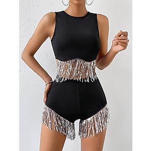 SweatyRocks Women's 2 Piece Party Outfits Sequins Fringe Trim Slim Fit Crop Tank Top and Shorts Set Black XL