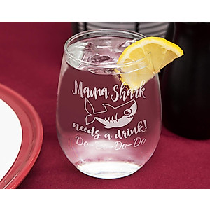 Custom-Engraved-Glasses-by-StockingFactory Mama Shark Needs a Drink Do Do Novelty Stemless Wine Glass First Mother's Day from Daughter, Son Funny Sayings for New Mom, Wife, Baby Shower