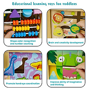 Fajiabao Baby Wooden Activity Cube - Toddler Activity Center Baby Toys 12-18 Months 1 2 3 Year Old Boy Girls Gifts with Bead Maze Sorter Abacus Montessori Dinosaur Toys Educational Learning for Kids